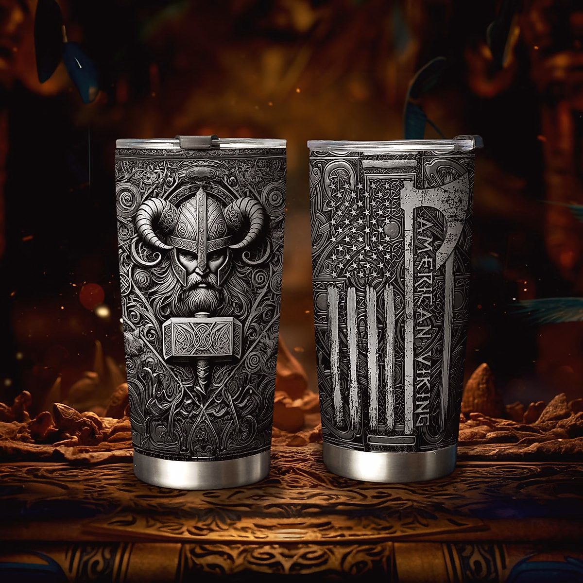 20oz American Viking Tumbler, Viking Gifts for Men, Norse Mythology Gifts, Coffee Thermos for Men, Stainless Steel Double Wall Vacuum Insulated Coffee Mug, Travel Cup with Lid