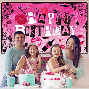 Hot Pink Lips Happy Birthday Backdrop Early 2000s Party Decorations Pink Girl Teen Girls Theme Party Supplies Banner Photography Background for Girls 2000s Birthday Party Decorations