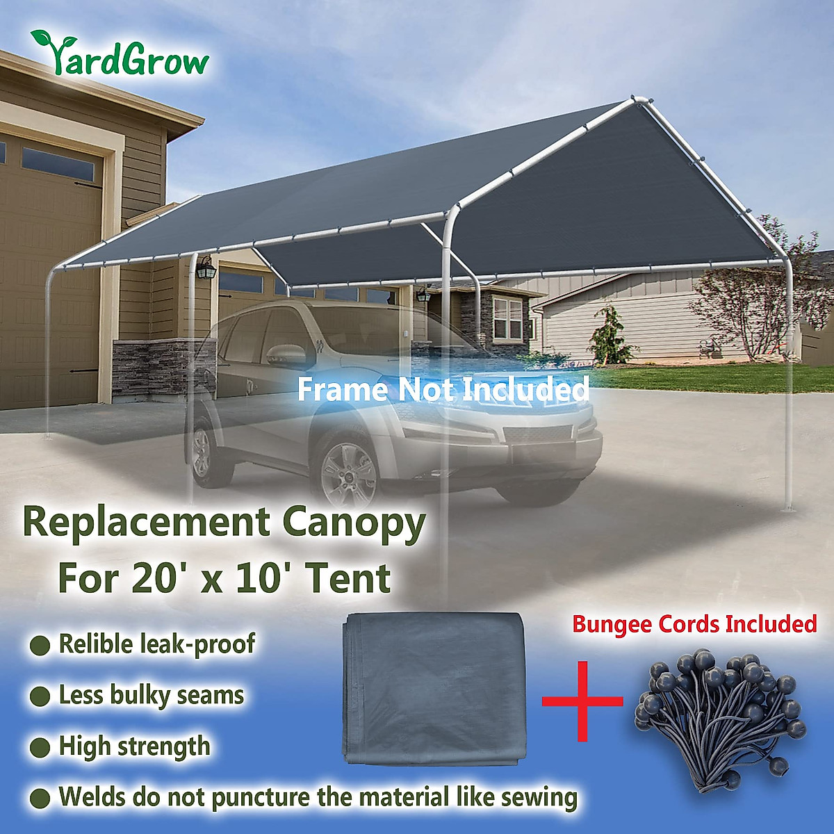 YardGrow 10x20ft Outdoor Carport Replacement Canopy Cover for Tent Car Shelter Top Tarp Cover w/Bungees, Carport Canopy Top Replacement Cover ONLY (Grey)