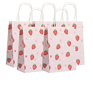 BaShiDer Strawberry Gift Bags 5.9x8.26x3.15-inch Strawberry Party Favor Bags 16Pcs Paper Bags with Handles for Party Favors(Strawberry-Pink)