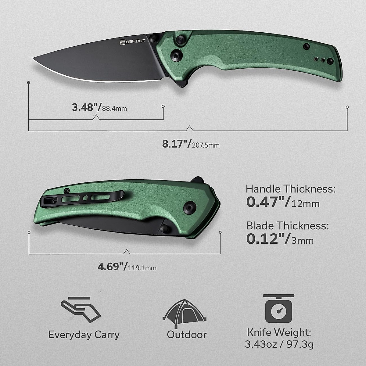 SENCUT Button Lock Pocket Knife for EDC, Serene Folding Knife, Thumb Stud & Flipper Opener, Aluminum Handle with 3.48" D2 Black Blade for Outdoor, Camping, Hunting S21022B-5 (Green)