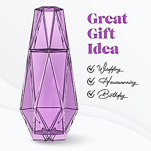 Modern Geometric Bedside Carafe | 2-Piece Set - Bedside Water Carafe | Glass Carafe with Cup that Doubles as Lid | Elegant Pitcher and Matching Drinking Tumbler for Guest Room, Office in Purple (37oz)