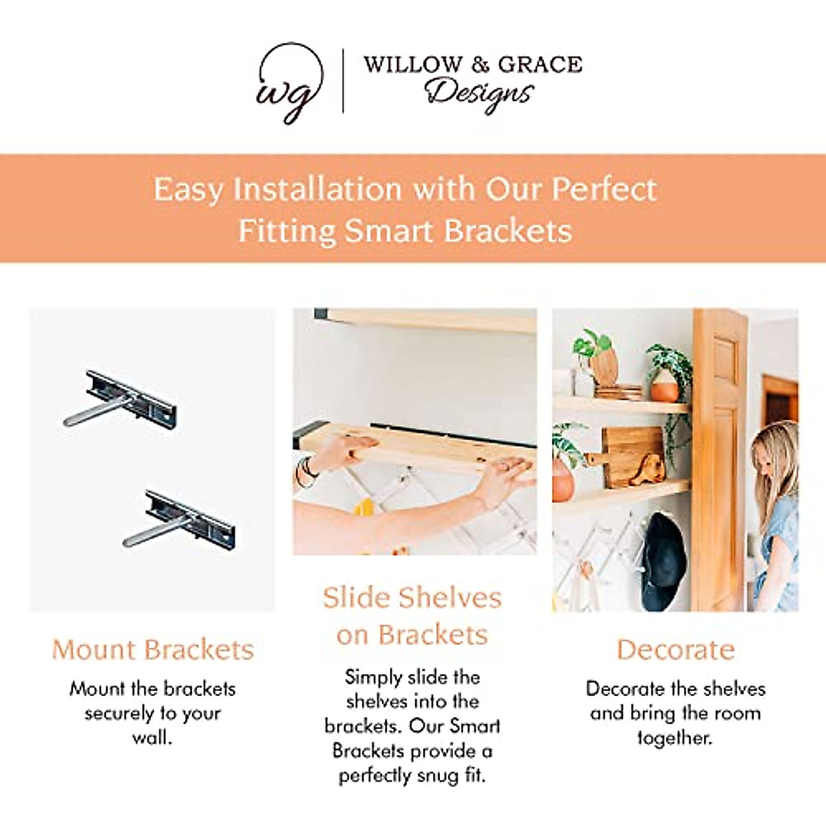 Willow & Grace Wooden Rustic Farmhouse Easily Mounted Floating Wall Shelves for Home Living Rooms and Bedrooms, Natural, 36 Inch, (Set of 2)