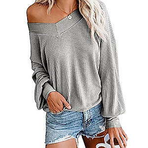 Women's Casual V Neck Long Sleeve Waffle Knit Off Shoulder Top Loose Pullover Sweater Light Grey XX-Large