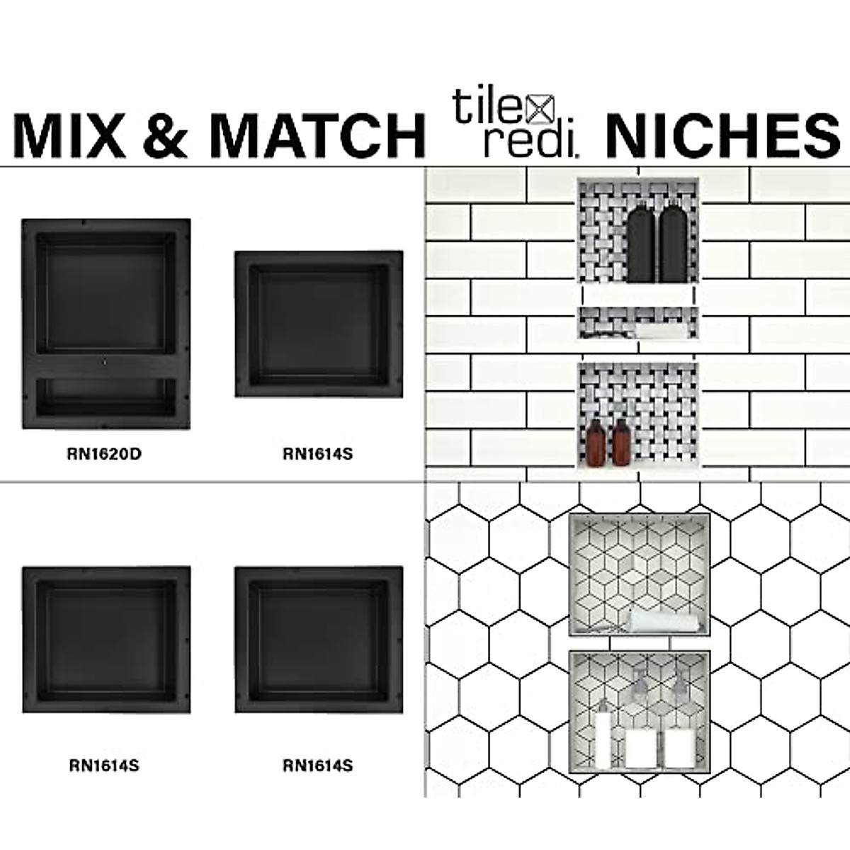 Tile Redi USA Niche Single Recessed Shower Shelf – Black, One Inner Shelf, 16-Inch Width x 14-Inch Height x 4-Inch Depth (620)