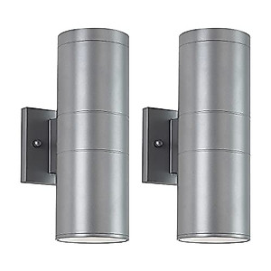 mirrea Modern Outdoor Porch Light Patio Light in 2 Lights with Aluminum Cylinder and Tempered Glass Cover Waterproof Wall Sconce 2 Pack (Metallic Gray)
