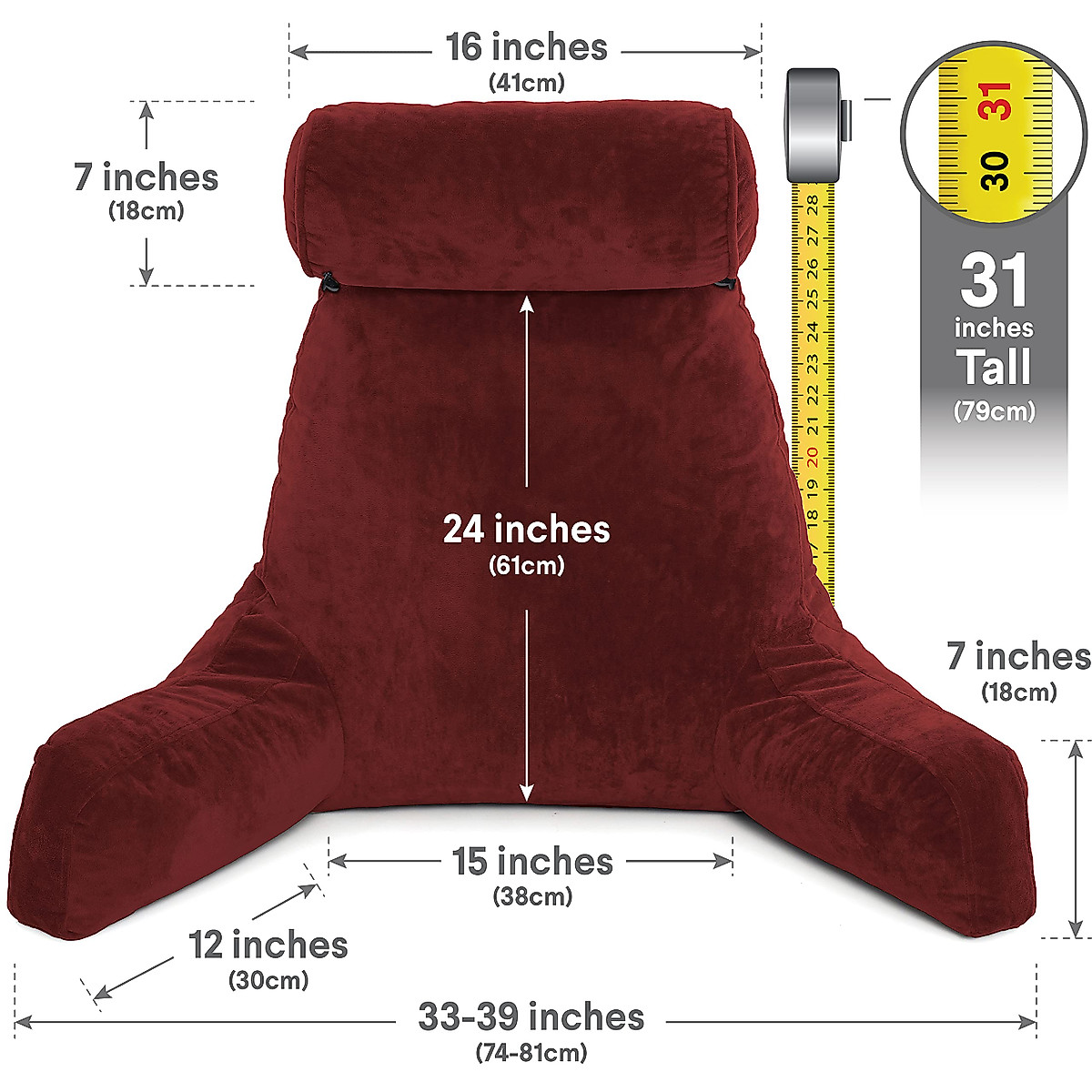Husband Pillow Combo - Backrest Pillow with Arms : XXL Maroon & Foldable Laptop Tray : Brown - Memory Foam Reading Pillows for Bed w/Removable Neck Roll & Laptop Bed Tray Table