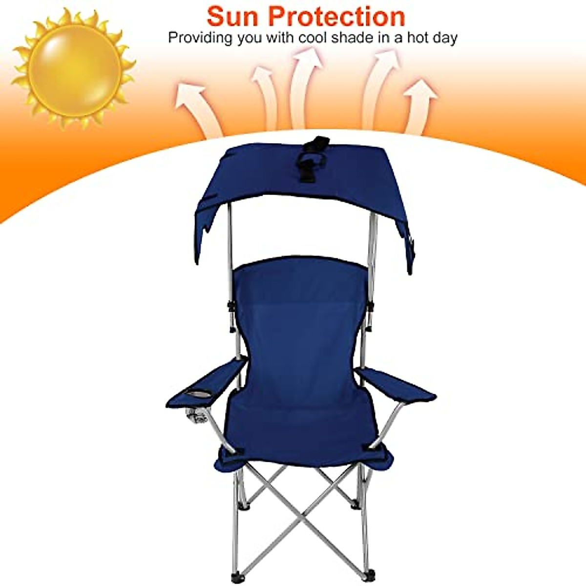 TeqHome Camp Chair with Shade Canopy, Heavy Duty Max Shade Folding Camping Lawn Chair with Cup Holder, UPF 50+ Sun Protection Portable Beach Lounge Chair for Outdoor Sports Support 330 LBS (Navy Blue)