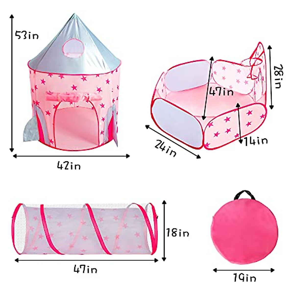 wilwolfer 3PC Princess Tent for Girls with Kids Play Tents, Crawl Tunnel and Baby Ball Pit for Toddlers, Pink Pop Up Playhouse Toys for Boys Indoor& Outdoor Games, Birthday Kid’s Gifts