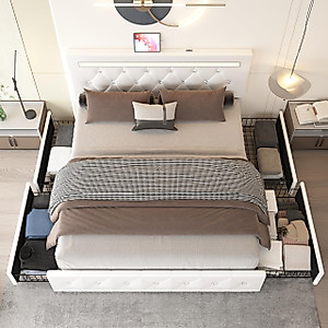 Kallabe Queen Size Bed Frame with 4 Drawers and LED Adjustable Headboard, Charge Station, Upholstered Platform Bed with Solid Wooden Slats Support, No Box Spring Needed, White