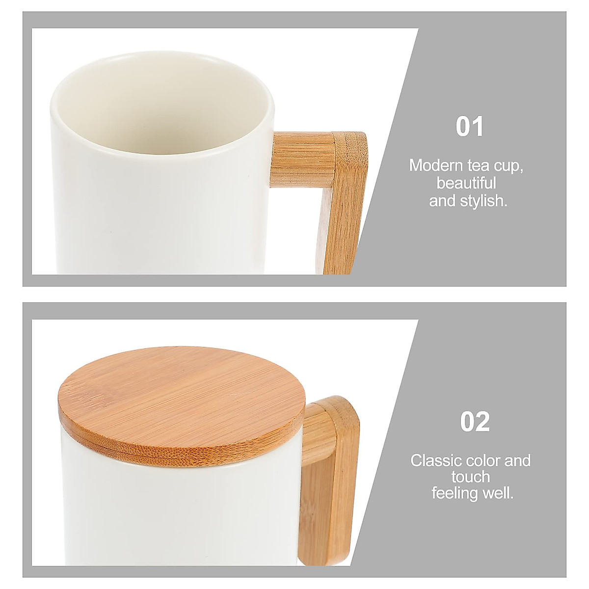 Veemoon Flat Bottom Coffee Mug with Wood Lid, 380 ML Ceramic Cup for Coffee Warmer, Keeps Warm for Tea, Cocoa, Milk and Hot Beverage