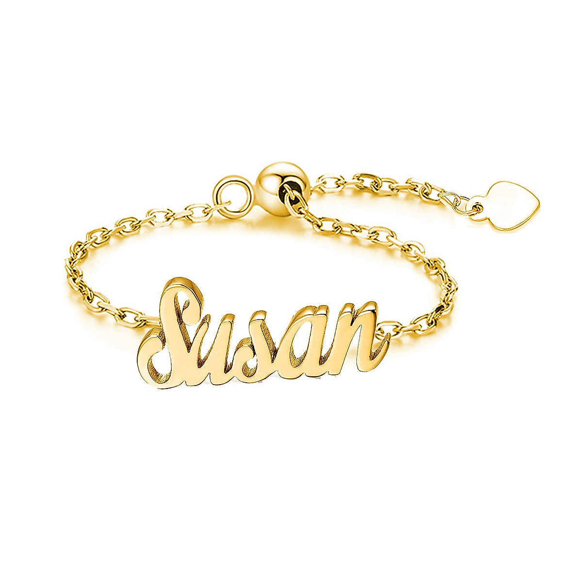 Name Ring Personalized, Custom Name Chain Ring Initial Letter Stacking Ring Gift for Women (Yellow Gold Color, 18K Gold Plated Copper)