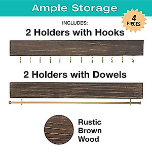 Large Wall Mounted Jewelry Organizer. 17" Inches Wide Rustic Display with Hooks for Hanging Rings, Earrings, Necklace Holder, Bracelet Hanger. Shabby Chic Wood Home Decor (Set of 4 - Dark Brown)