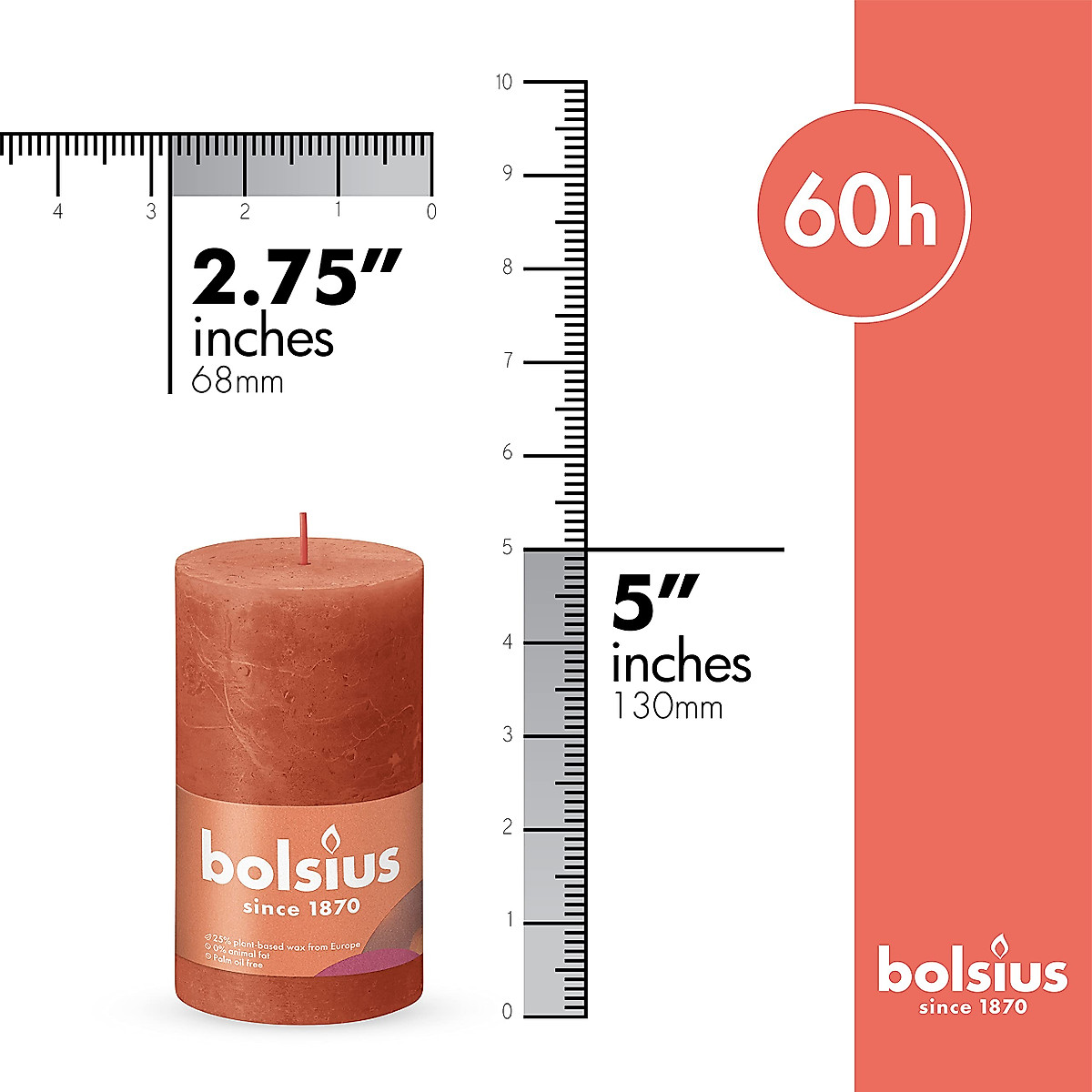 BOLSIUS 4 Pack Orange Rustic Pillar Candles - 2.75 X 5 Inches - Premium European Quality - Includes Natural Plant-Based Wax - Unscented Dripless Smokeless 60 Hour Party Décor and Wedding Candles