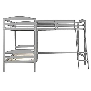 UBGO L Shape Three Bed Loft Bed, Bunk Bed Three Beds, Space Saving Design with Step Ladder and Safety Railing, Kid Teen Bedroom Dormitory Storage Corner Bunk Bed - Gray