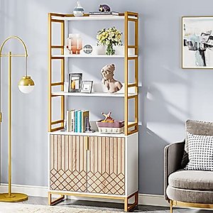 Tribesigns Gold Bookshelf with Doors, 70.8 Inch Tall Modern Etagere Bookcase with Storage Cabinet, 4 Tier Book Shelves Open Display Shelf for Living Room, Bedroom, Home Office(White)