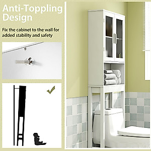 Tangkula Over The Toilet Storage Cabinet, Bathroom Space Saver w/Double Tempered Glass Doors, Open Shelf & Adjustable Shelf, Bathroom Organizer Cabinet, 67" Tall Above Toilet Rack for Laundry (White)
