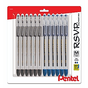 Pentel RSVP medium point pens - ballpoint - 1.0mm - 12 Pack Of 6 Blue And 6 Black Ink Pens