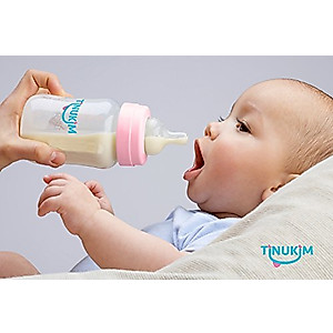 Tinukim iFeed 4 Ounce Self Feeding Baby Bottle with Tube - Handless Anti-Colic Nursing System, Pink - 2-Pack