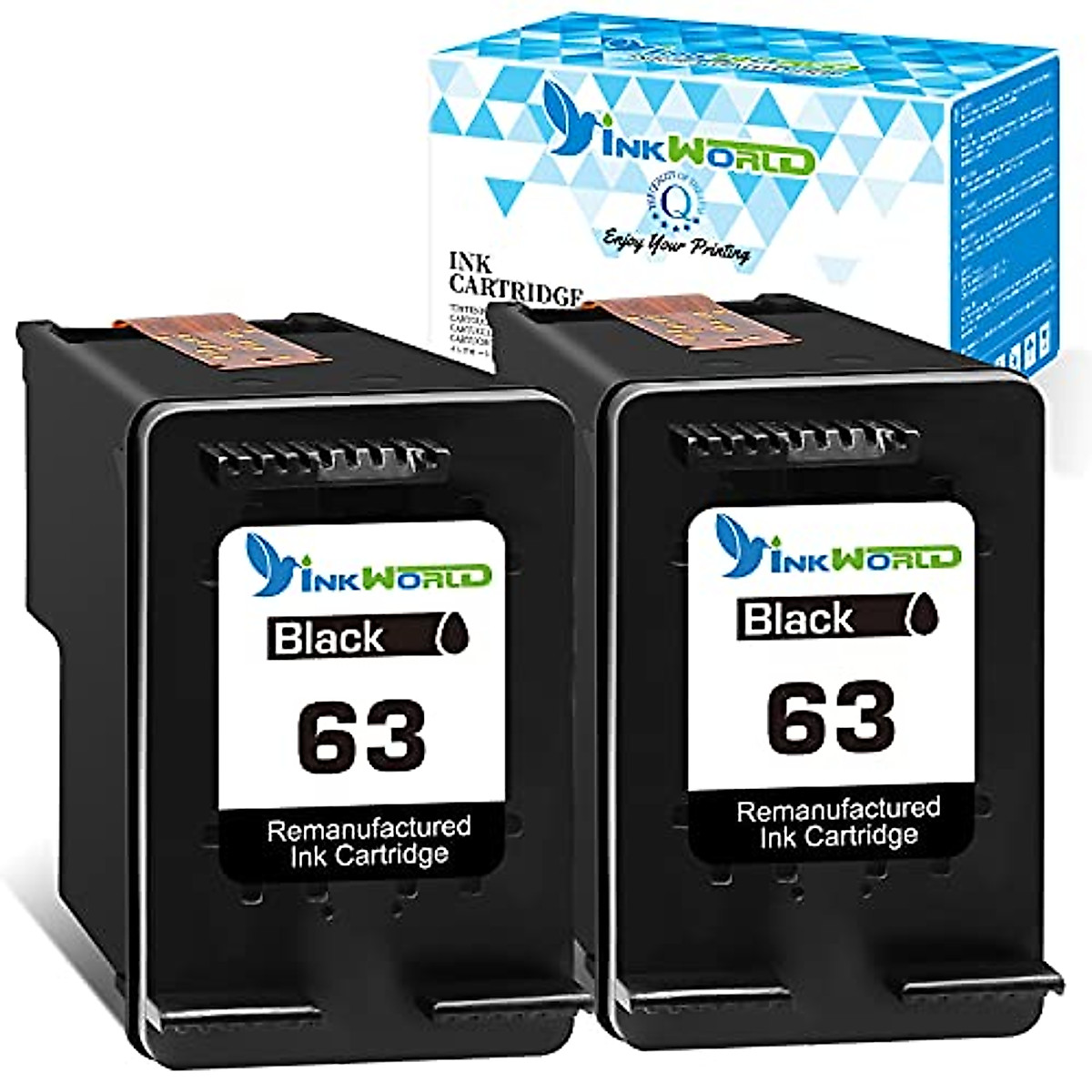 InkWorld Remanufactured 63 Ink Replacement for HP 63 Ink Cartridges Use for OfficeJet 3830 5252 4650 5258 4655 4652 Envy 4520 4512 4513 4516 DeskJet 3636 3630 1111 1112 3637 3632 Printer(2 Black)