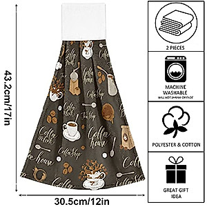 visesunny Hanging Tie Towels 2 Pack Kitchen Hand Towels Dishcloths Sets with Loop Tea Coffee Theme Retro Style Soft Cotton Absorbent Hand Towels for Bathroom Restaurant Hotel BBQ