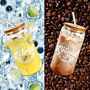Ymuklns Offically Retired 2023 16 oz Iced Coffee Glass Cup with Lids and Straw - Retirement Gift Memorable Gift for Women Men Friends Dad Mom Mother's Day Gift