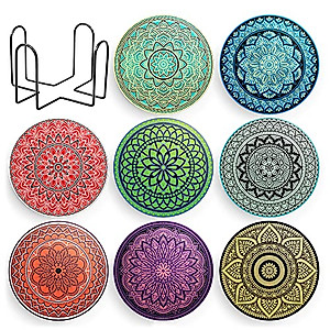 Mandala Drink Coasters with Holder - 8 Set Ceramic Boho Coasters for Drinks Absorbent with Cork Base and Black Holder - Coasters for Coffee Table Apartment Wooden Bar Mug Glasses Cup Beer