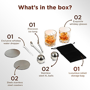 TEAVAS Whiskey Glass Gift Set with Drinking Glasses, Metal Ice Balls, Coasters & Ice Tongs - Bar Glasses for Scotch & Bourbon - Bartender Kit - Birthday Gifts for Friends & Family