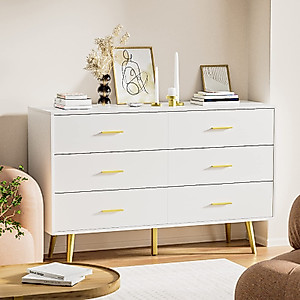 RESOM White Dresser for Bedroom, 6 Drawer Wooden Double Dresser with Gold Handles, Modern Chest of Storage Dresser with Deep Drawers for Living Room, Hallway
