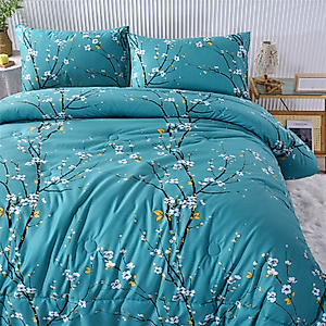 RYNGHIPY Girls Bedding Set Twin Size Teal Pastel Floral Bedding Comforter Set Tree Branch Printing Bedding with Pillowcases Soft Lightweight Down Alternative Bedding Sets All Seasons
