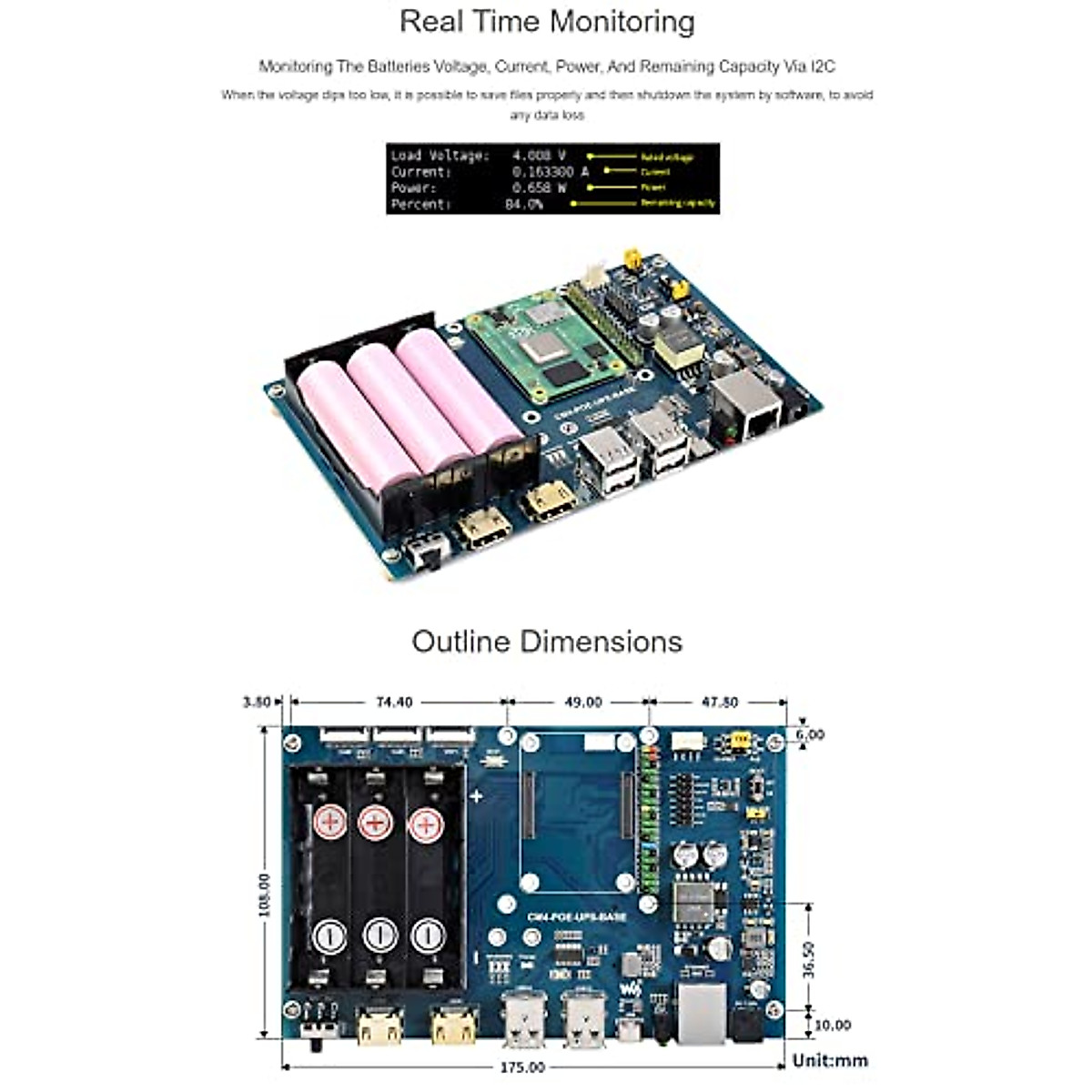 Waveshare PoE UPS Uninterruptible Power Supply Base Board for Raspberry Pi Compute Module 4 with Gigabit Ethernet/Dual HDMI/Quad USB2.0 etc.Interfaces