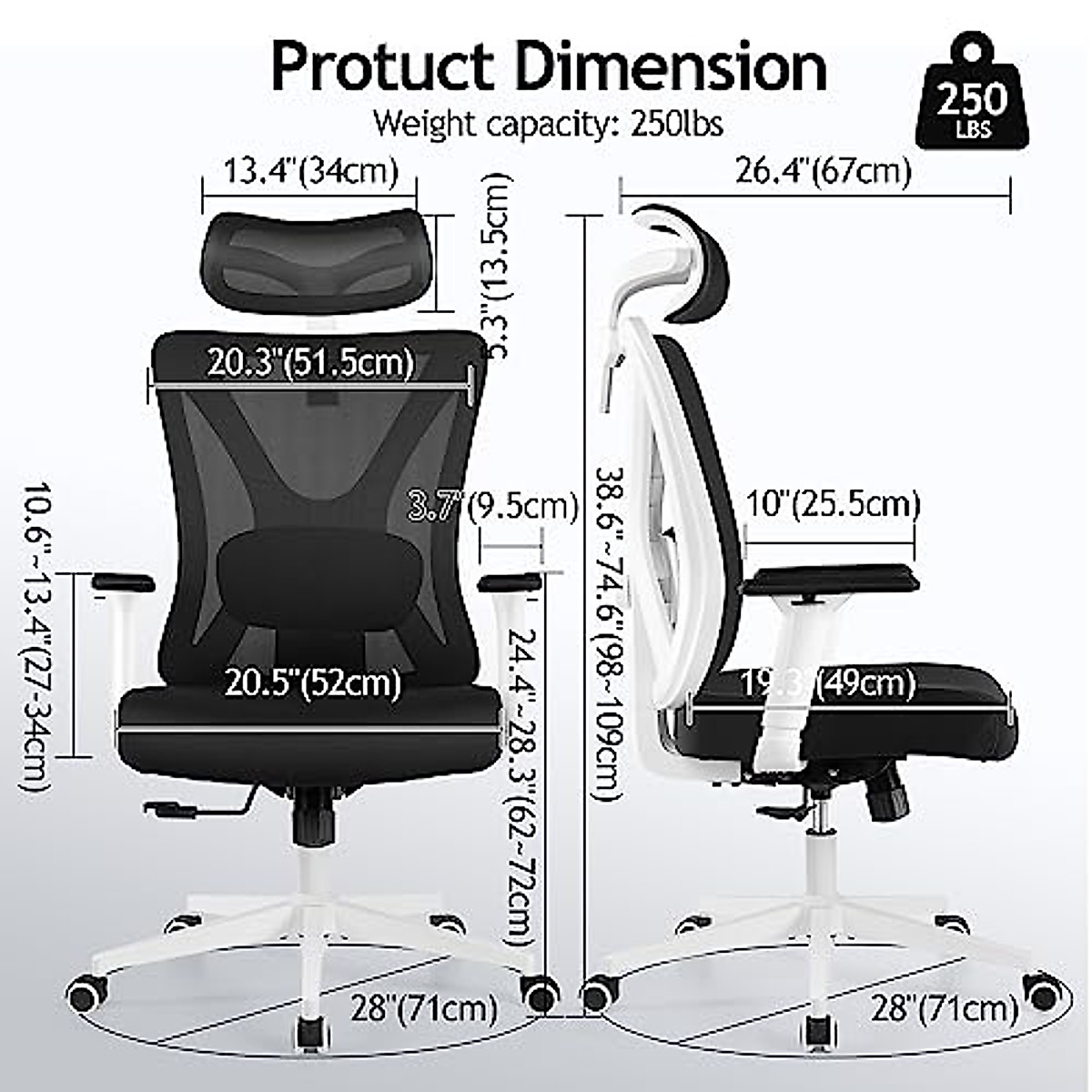 KERDOM Ergonomic Office Chair, Rolling Swivel Executive Desk Chair, Breathable Mesh Gaming Chair with Adjustable Headrest, 3D Armrest and Lumbar Support for Home Office White