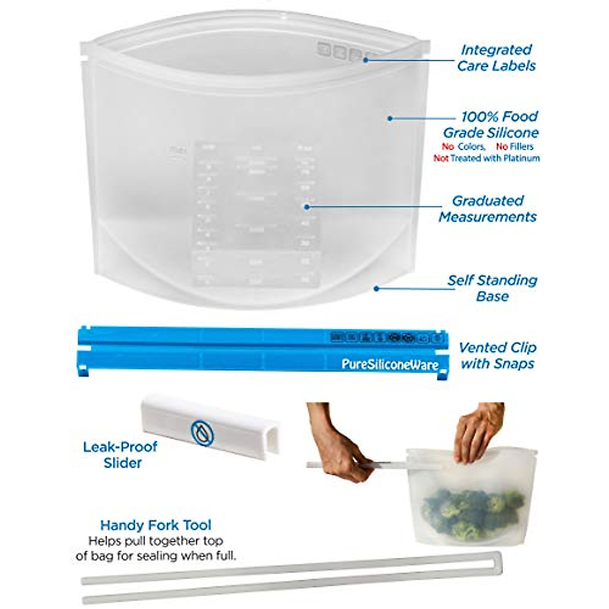 PureSiliconeWare 0.6 Gallon (74 oz) Reusable Silicone Kitchen Bags Freeze Heat Microwave Steam Store Sous Vide