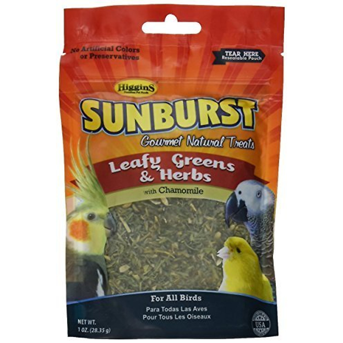 Higgins Sunburst Leafy Greens & Herbs with Chamomile Gourmet Natural Bird Treats, 1 ounce, Great for birds of any size