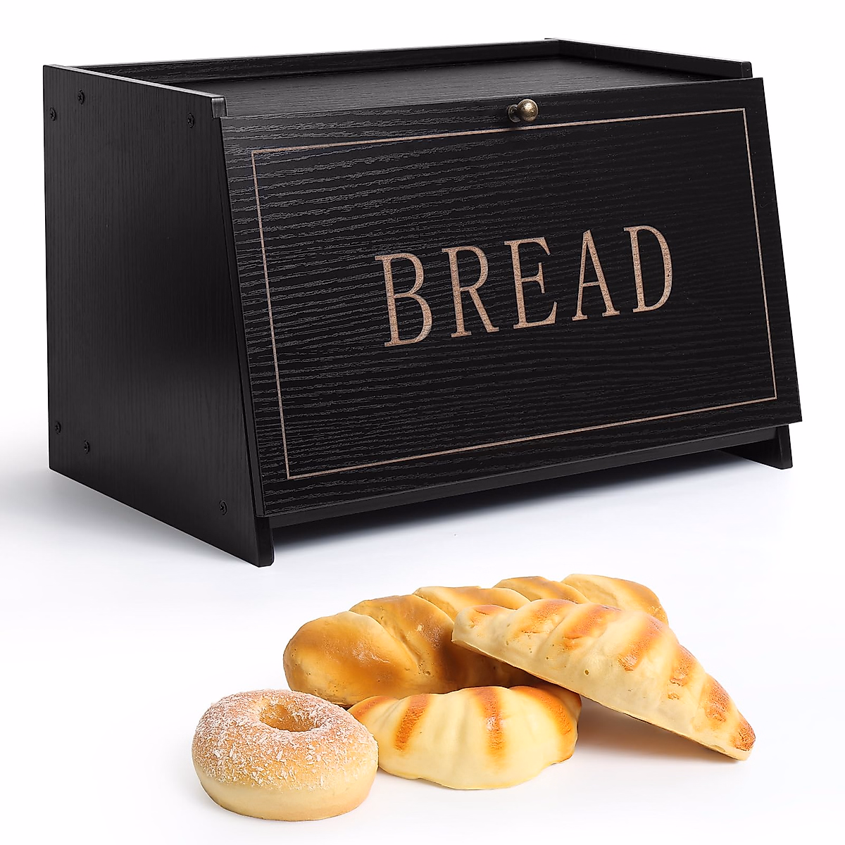 DECOCIAGA Bread Box for Kitchen Countertop, Large Capacity Bread Storage Container for Homemade Bread, Wooden Bread Holder Bread Bin for Kitchen Counter Corner, Cabinet, Pantry, Cupboard (Black)