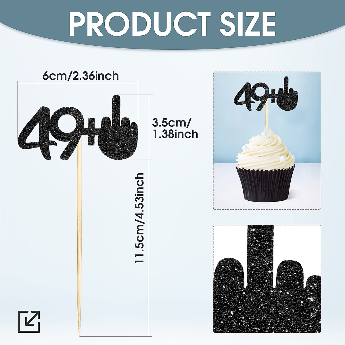 Gersoniel 24 Pieces 49 + 1 Cupcake Toppers Funny 50th Birthday Cupcake Picks Glitter Black Middle Finger Cake Toppers 50 Cupcake Decoration for Happy 50th Birthday Party Anniversary Decorations
