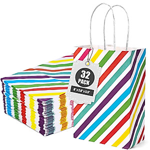 VGOODALL 32PCS Party Favor Bags, 5.5x2.8x8 inches Colorful Stripe Gift Bags with Handles Goodie Bags Treat Candy Bags Striped Paper Bags for Gift Giving Birthday, Colorful Stripe Bags