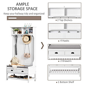 HOMCOM 3-in-1 Hall Tree, Entryway Bench with Coat Rack, Mudroom Bench with Shoe Rack, 2 Storage Drawers, 4 Hooks and Padded Seat Cushions for Hallway, White