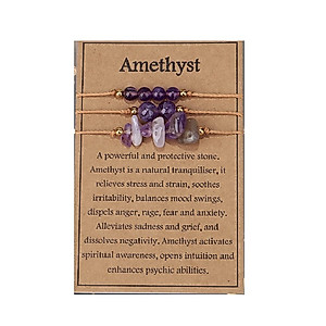 3Pcs Natural Stone Bracelet for Women Men Healing Crystal Chip Bead Bracelets Spiritual Amethyst Rose Quartz Chakra Bracelets Set Anxiety Reiki Energy Power Healing Crystals Jewelry(Amethyst)