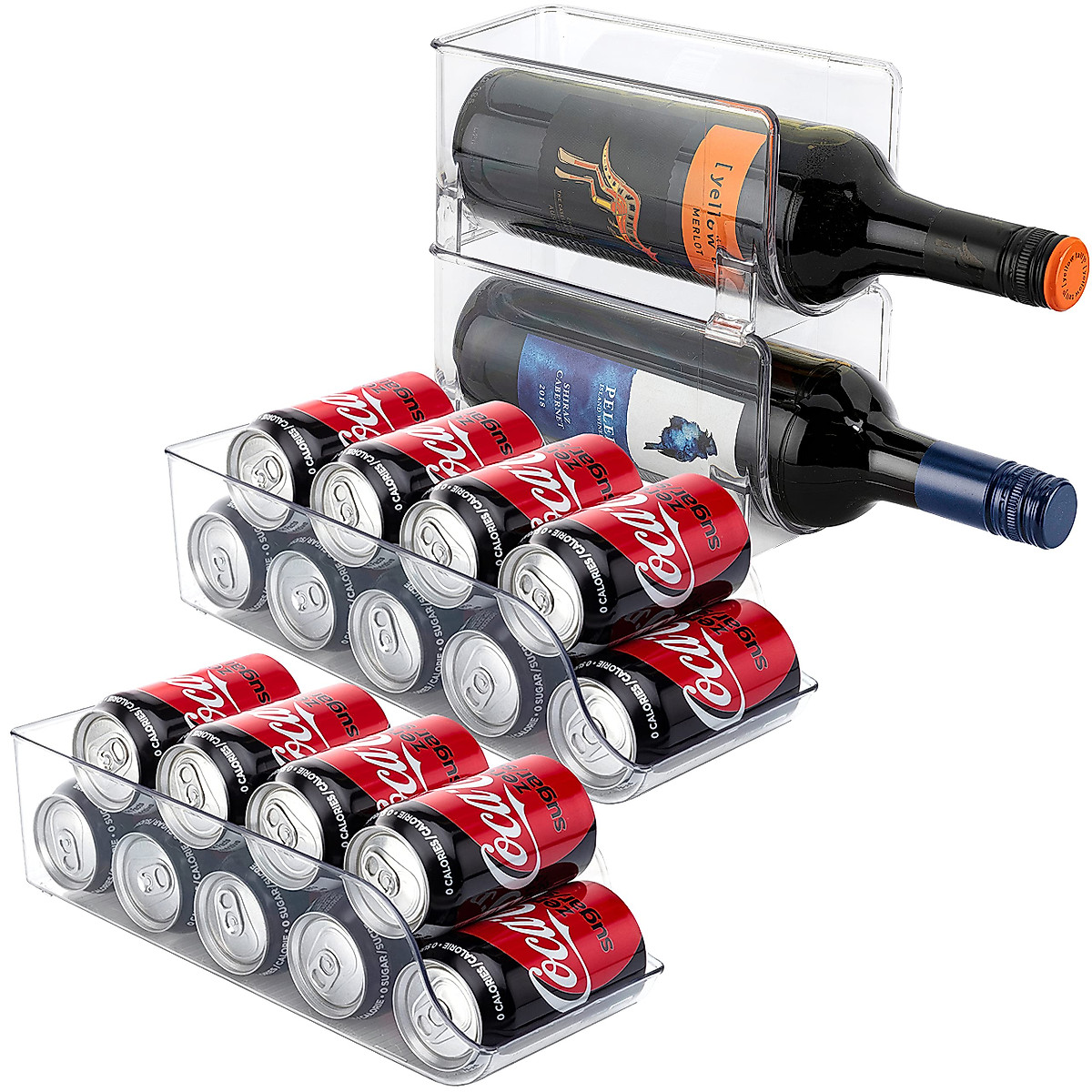 JINAMART Set of 2 Stackable Wine Rack & 2 Can Holder for Refrigerator, Fridge Organizing, Kitchen, Countertop, BPA Free Clear Plastic