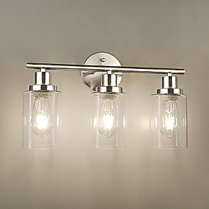 Unicozin 3 Light Vanity Lights, Brushed Nickel Wall Sconce Light with Clear Glass, Bathroom Light Fixtures, Wall Lights for Mirror, Living Room, Bedroom, Hallway, E26 Base (Bulbs Not Included)