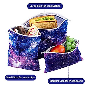 5 Pieces Reusable Sandwich and Snack Bags Safe, Snack Bags with Zipper for Store Preserves, Snacks and Sandwiches, with 2 Large 2 Medium and 1 Small Bags (Galaxy Loop Pattern)