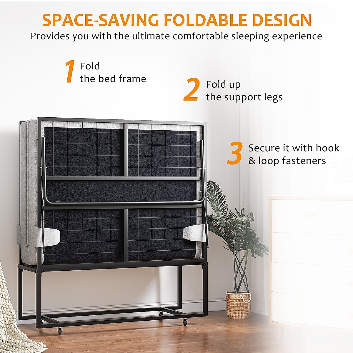 SKKTKT Folding Bed with Mattress, 75" x 39" Twin Size Bed Frame, Portable Foldable Roll Away Adult Bed for Guest, Platform Bed with Fold-up Metal Frame for Bedroom, Living Room, Dorm