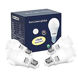 Outdoor Dusk to Dawn LED Light Bulb (No Timer Required), Automatic On/Off Light Sensor Bulb, Built-in Photocell Detector, E26 A19 120V 6000K for Porch, Boundary, Garage, Entrance,9W 4 Pack by Boxlood