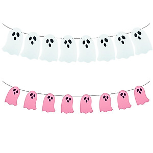 SaktopDeco 2 Pack White Pink Ghost Garland Felt Ghost Banner for Haunted House Fireplace Indoor Outdoor Halloween Party Decorations Supplies
