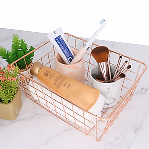 Metal Wire Storage Basket with Handles for Kitchen Food Pantry Papers Home Office Desk Basket Bathroom Laundry Room Basket Bedroom Bed Room, Rose Gold