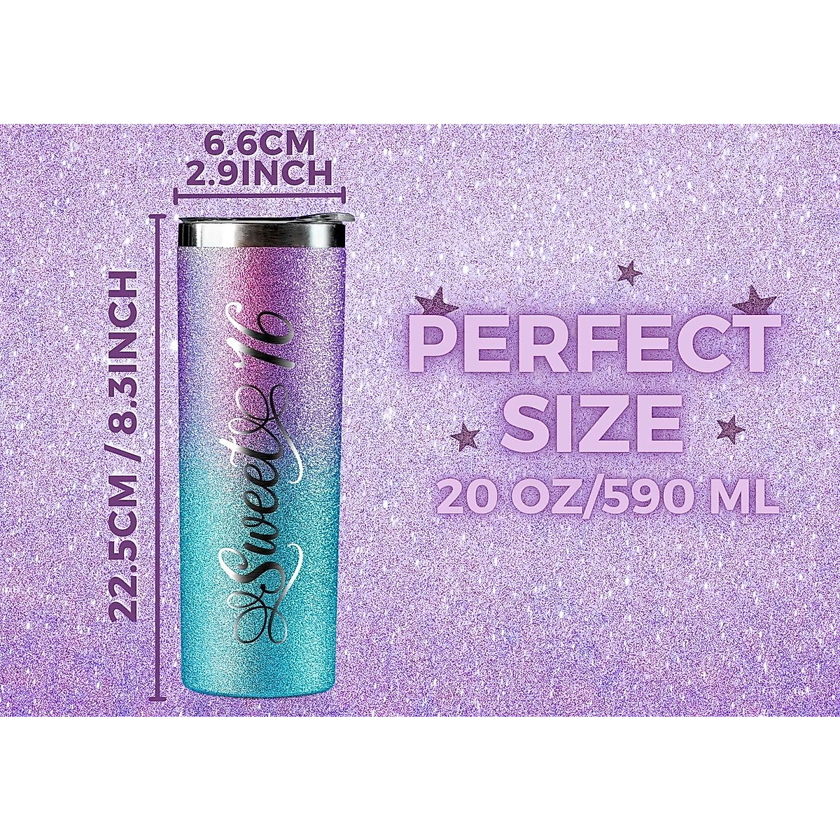 Onebttl Sweet 16 Gifts for Girls, Her, Daughter- Sweet Sixteen - 20oz/590ml Stainless Steel Insulated Glitter Tumbler with Straw, Lid, Message Card - (Purple-Blue Gradient)