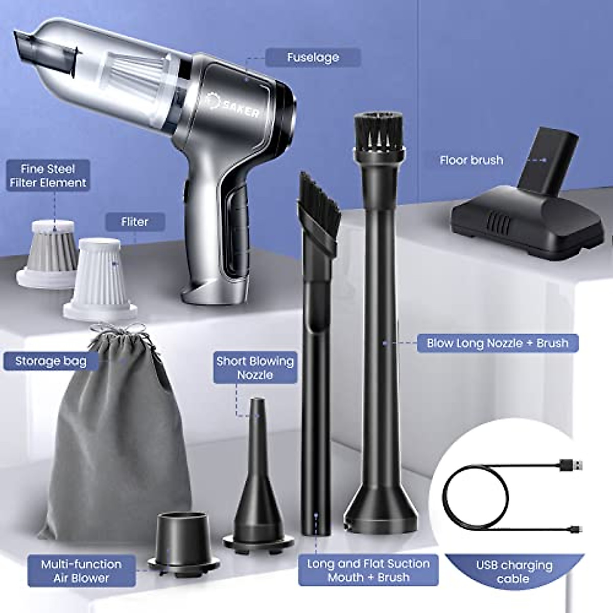 Saker Handheld Vacuum Cleaner Car - Wireless Mini, 3 in 1 Multifunctional Brushless Motor 12000PA High Power with USB,Portable Handheld Car Vacuum Cleaner for Keyboard Cleaning,Outdoor and Pet Hair