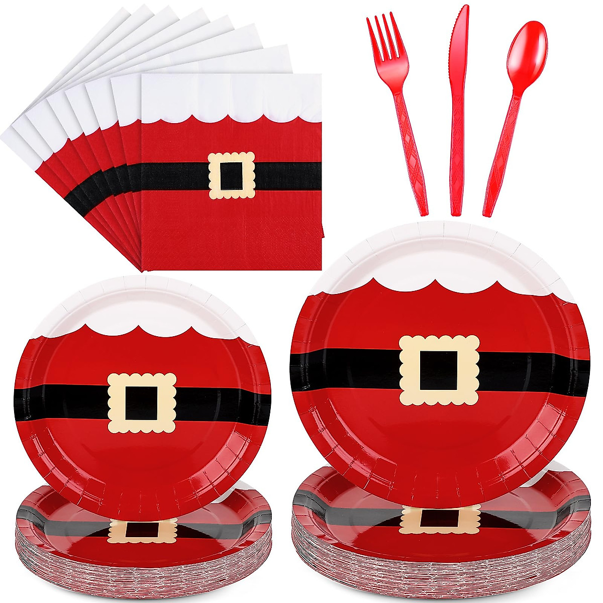 Bokon 96 Pcs Santa Belt Plates Christmas Party Supplies Disposable Party Dinnerware Set Christmas Napkins Knives Forks Spoons Christmas Party Decorations for Xmas Holiday Dinner Home Serves 24