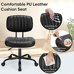 DUMOS Armless Home Office Desk Chair -Small Ergonomic with Low Back Lumbar Support, Height Adjustable PU Leather Computer Task with 360° Swivel Rolling Wheels, for Small Space, Black